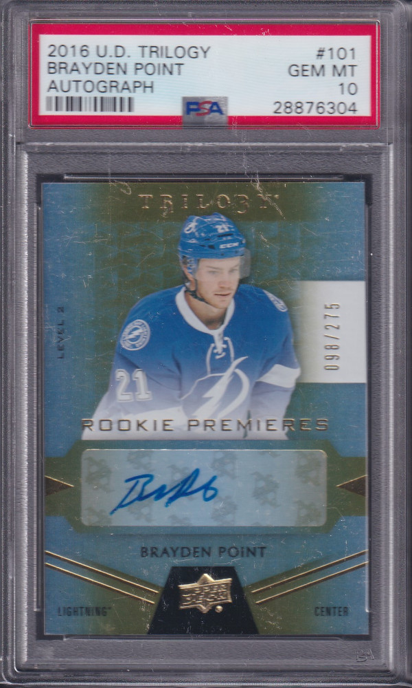 BRAYDEN POINT, 2016 Upper Deck Trilogy Rookie Premieres Auto #101, PSA ...