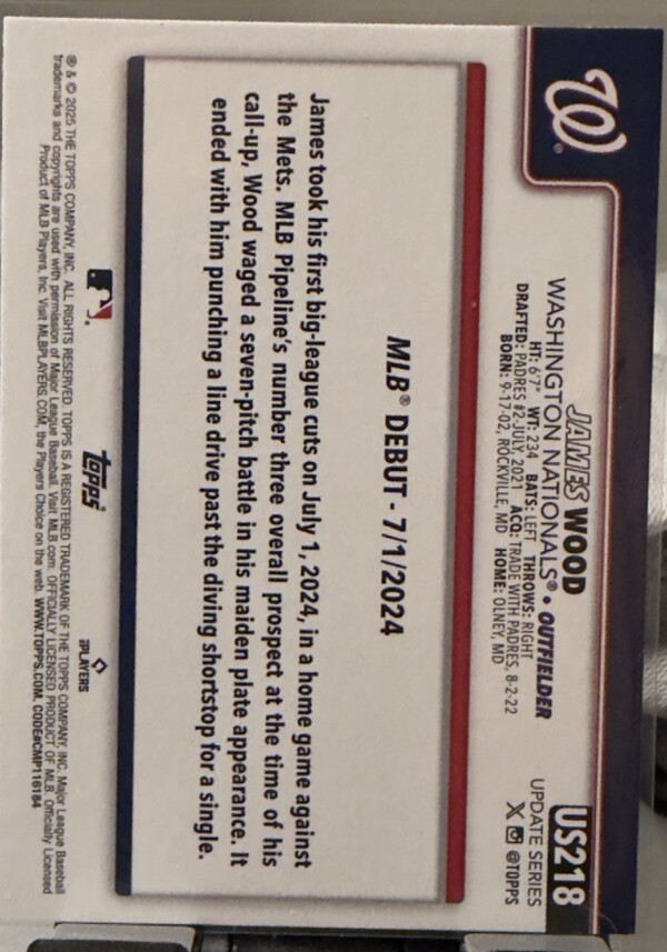 2025 Topps Update Series - Rookie Debut James Wood #US218 (RC) | MCP